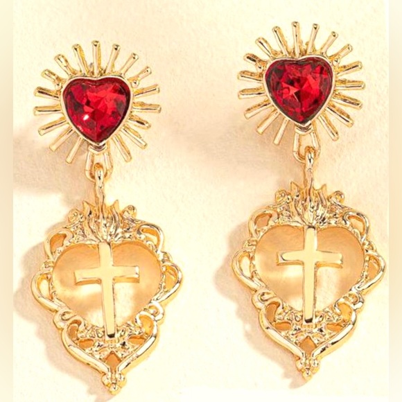 Jewelry | Sacred Heart Cross Exploding Sunburst Red Fiery Ornate ...